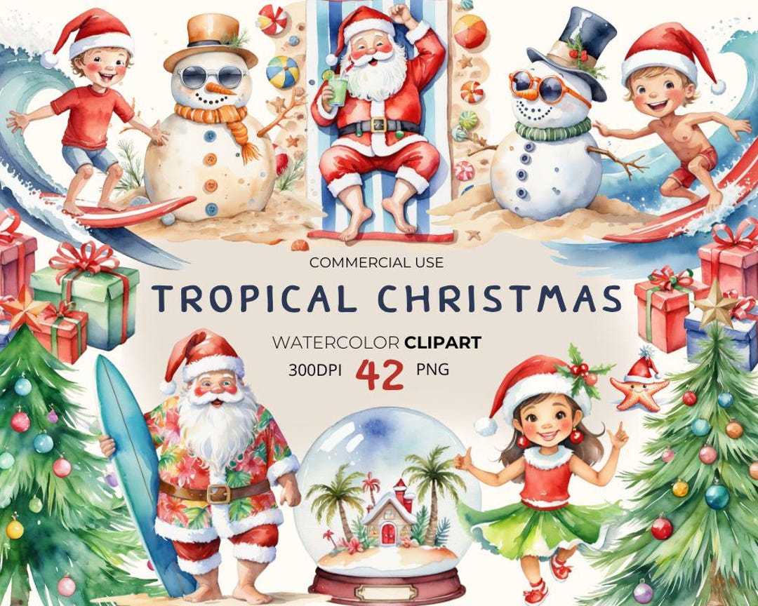Tropical Christmas Santa and Palm Tree Clipart - Coastal Xmas in July ...