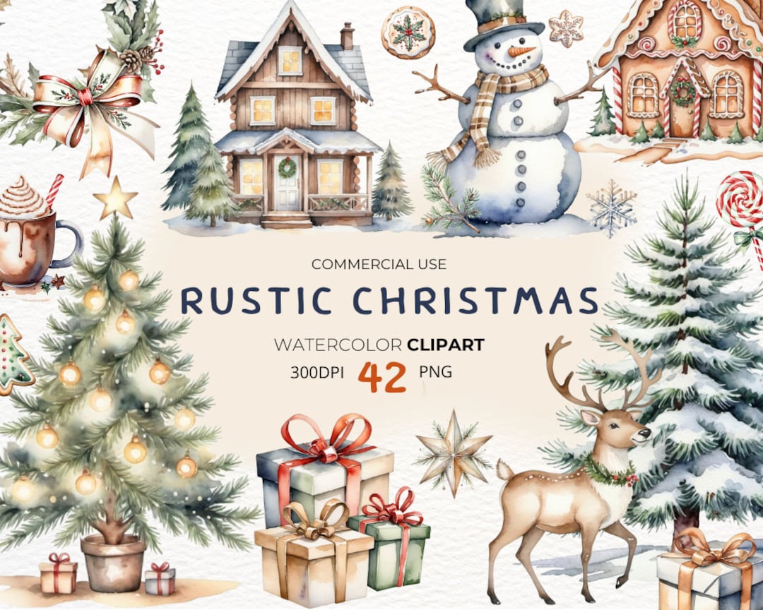 Rustic Christmas Clipart Bundle - Watercolor Holiday Graphics, Cozy ...
