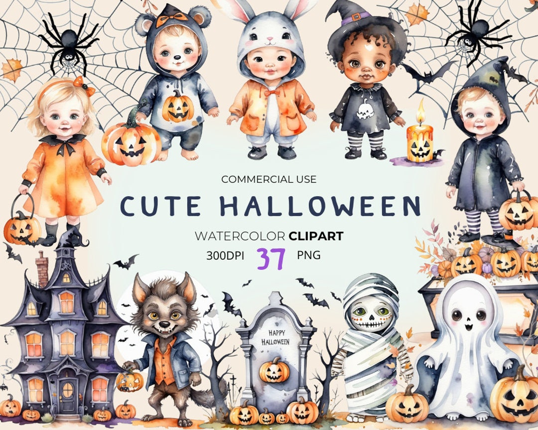 Cute Halloween Watercolor Clipart Set – 37 PNG Graphics (digital ...