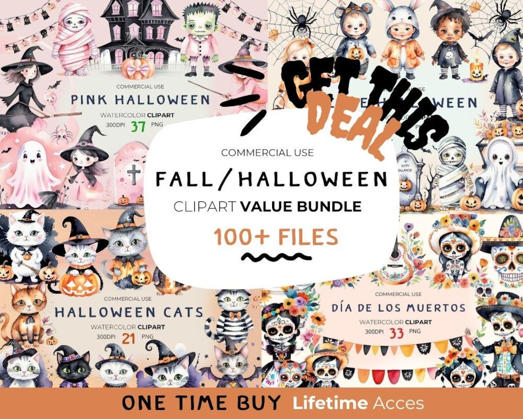 Fall Halloween Clipart Mega Bundle - Cute Halloween Cats, Pink Clipart ...