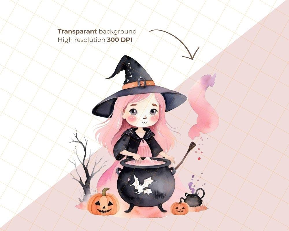 Pink Cute Halloween Ghost Witch Clipart Bundle Cute Watercolor Graphics ...
