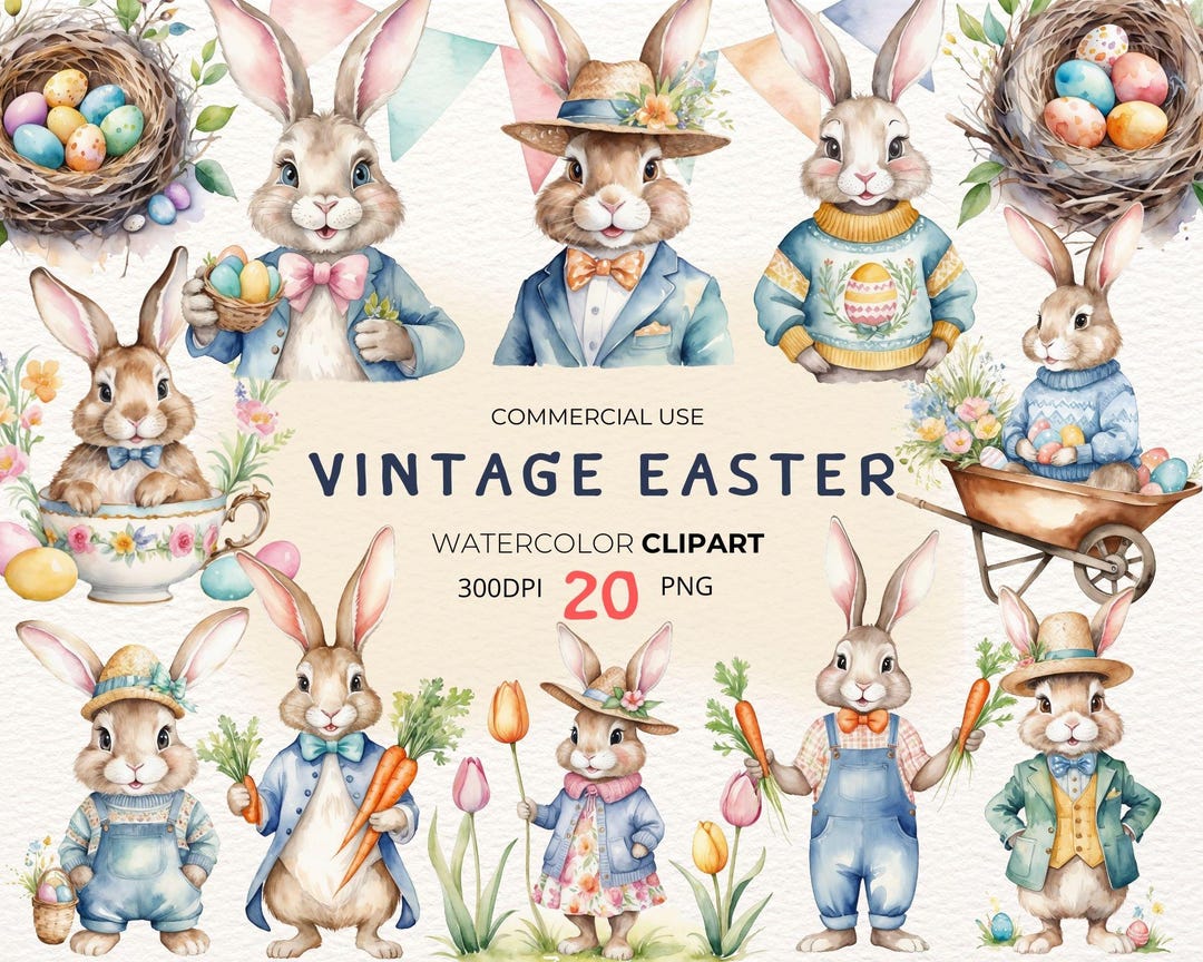 Vintage Easter Bunny Clipart: Springtime PNG Set (digital Download) - Etsy