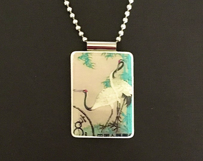 Chinese Crane Vintage Postage Stamp Pendant on Mahjong Tile With Long ...