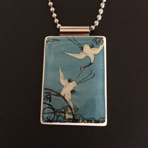 Handmade Chinese Crane Postage Stamp Pendant on Mahjong Tile With Long ...