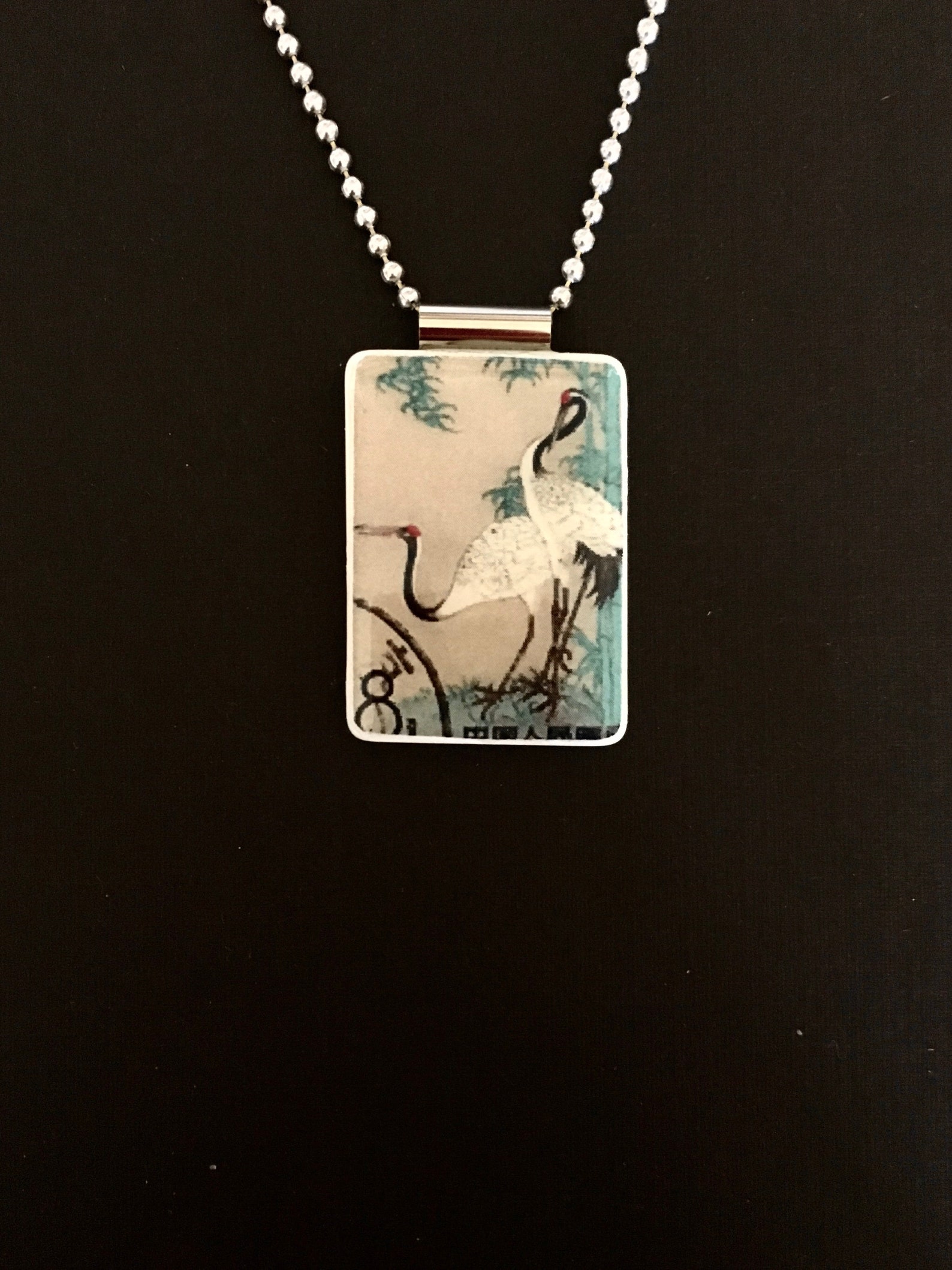 Chinese crane vintage postage stamp pendant on mahjong tile | Etsy