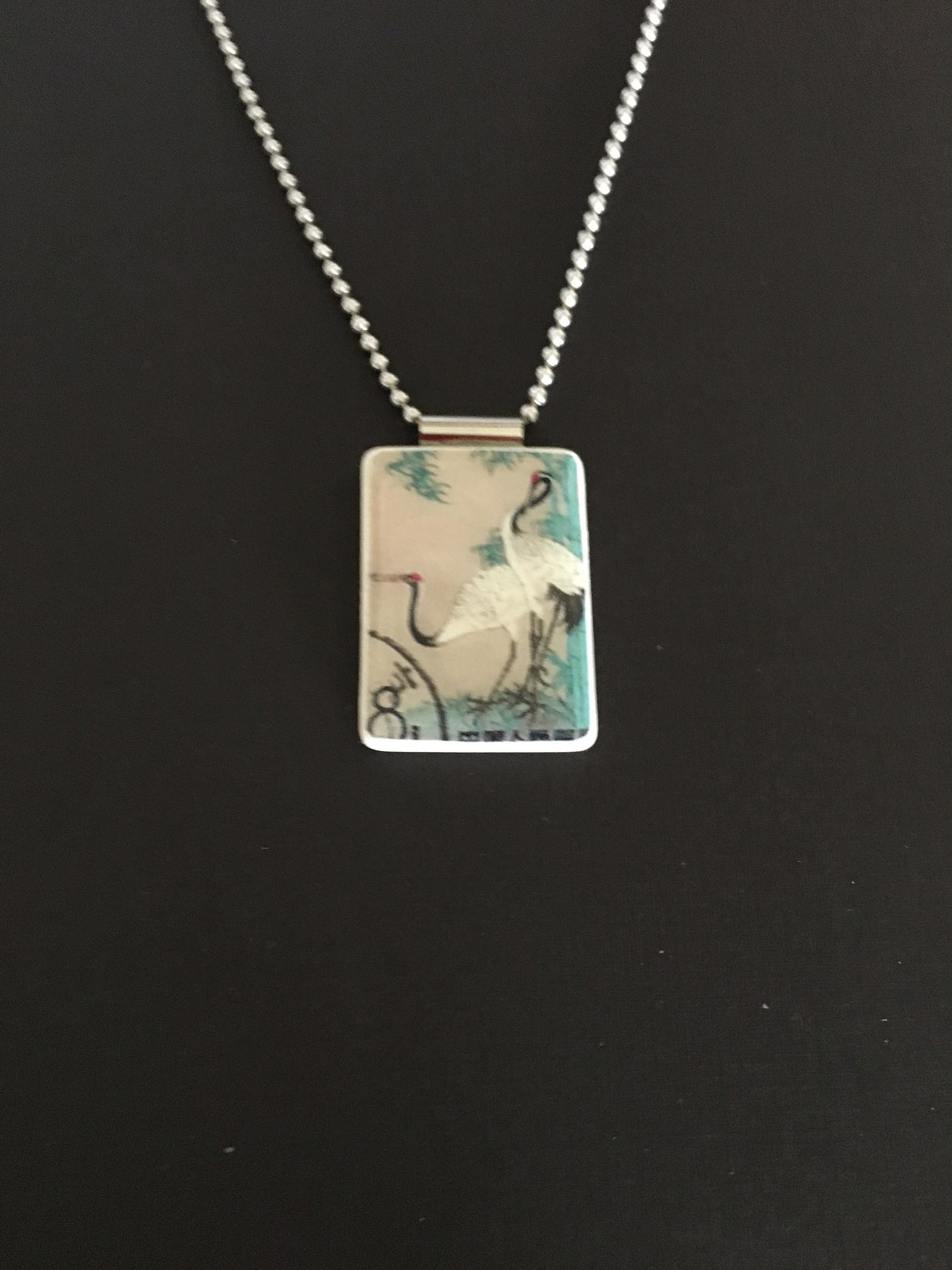 Chinese crane vintage postage stamp pendant on mahjong tile | Etsy