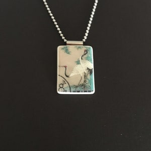 Chinese Crane Vintage Postage Stamp Pendant on Mahjong Tile With Long ...