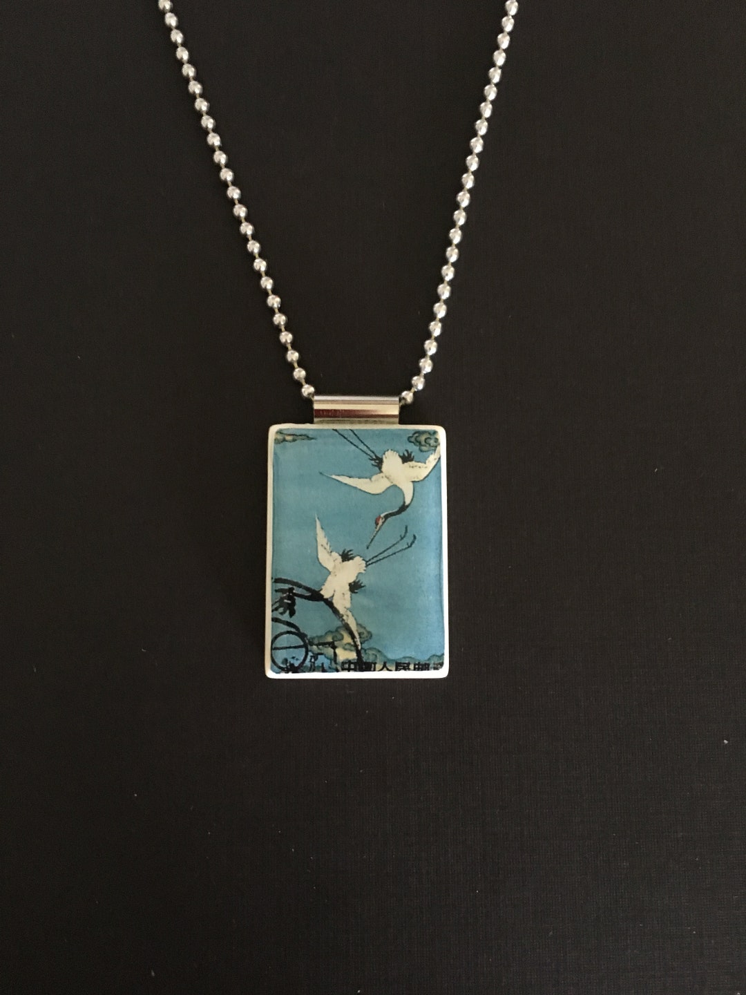 Handmade Chinese Crane Postage Stamp Pendant on Mahjong Tile With Long ...