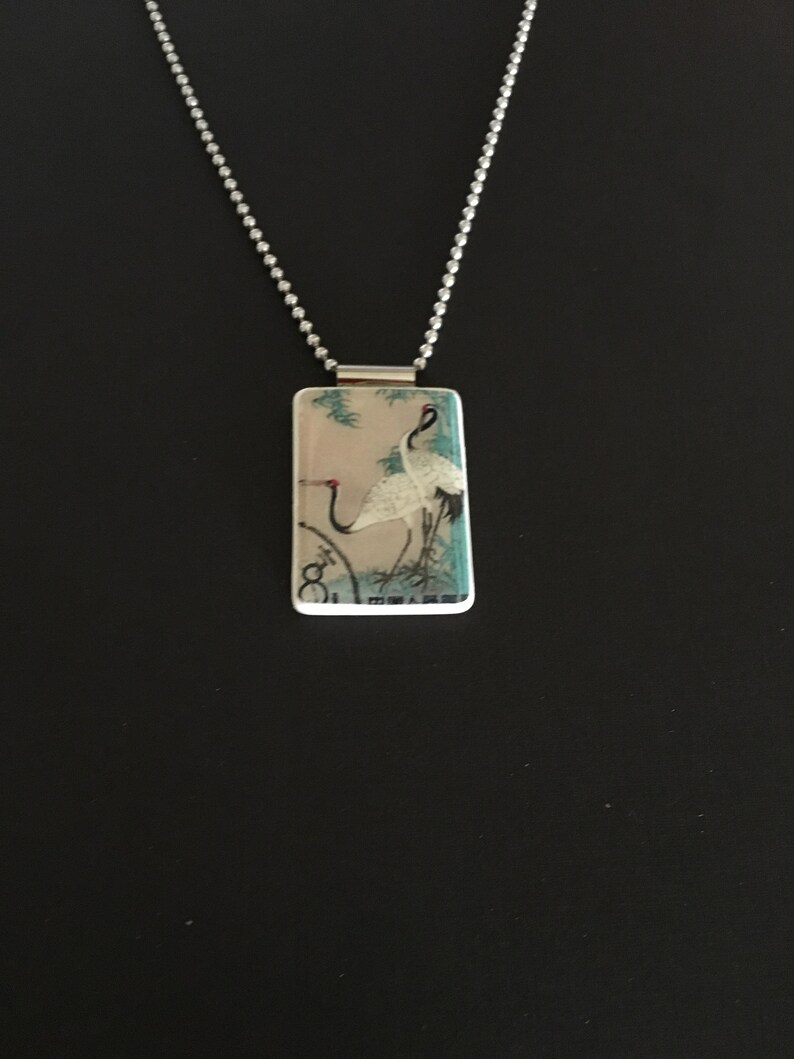 Chinese Crane Vintage Postage Stamp Pendant on Mahjong Tile - Etsy