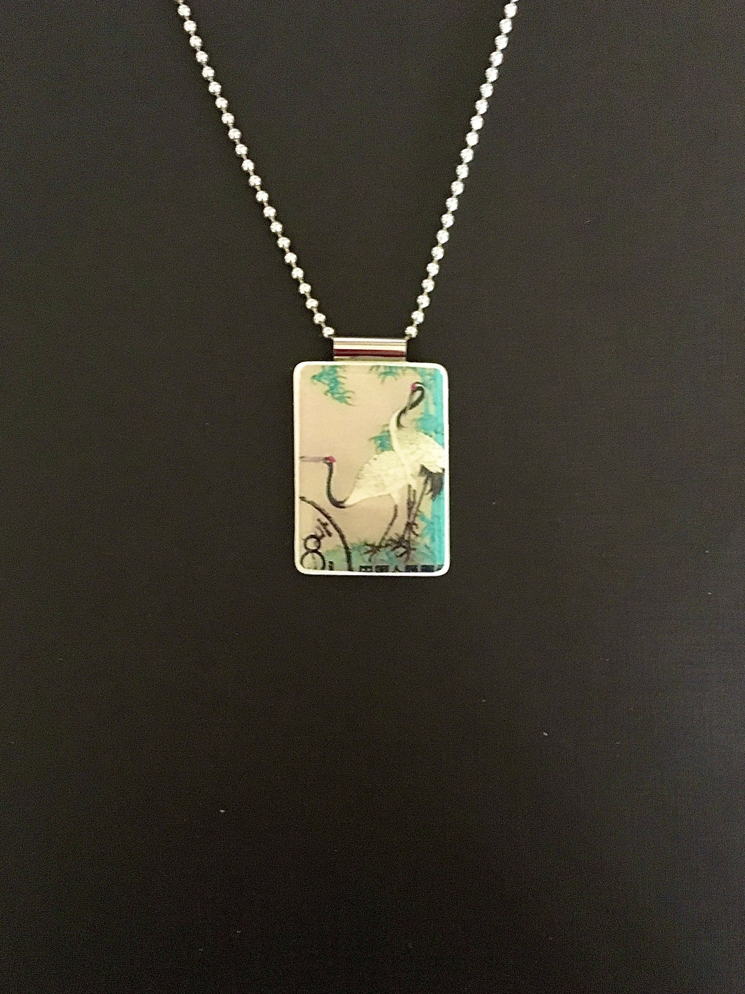 Chinese Crane Vintage Postage Stamp Pendant on Mahjong Tile With Long ...
