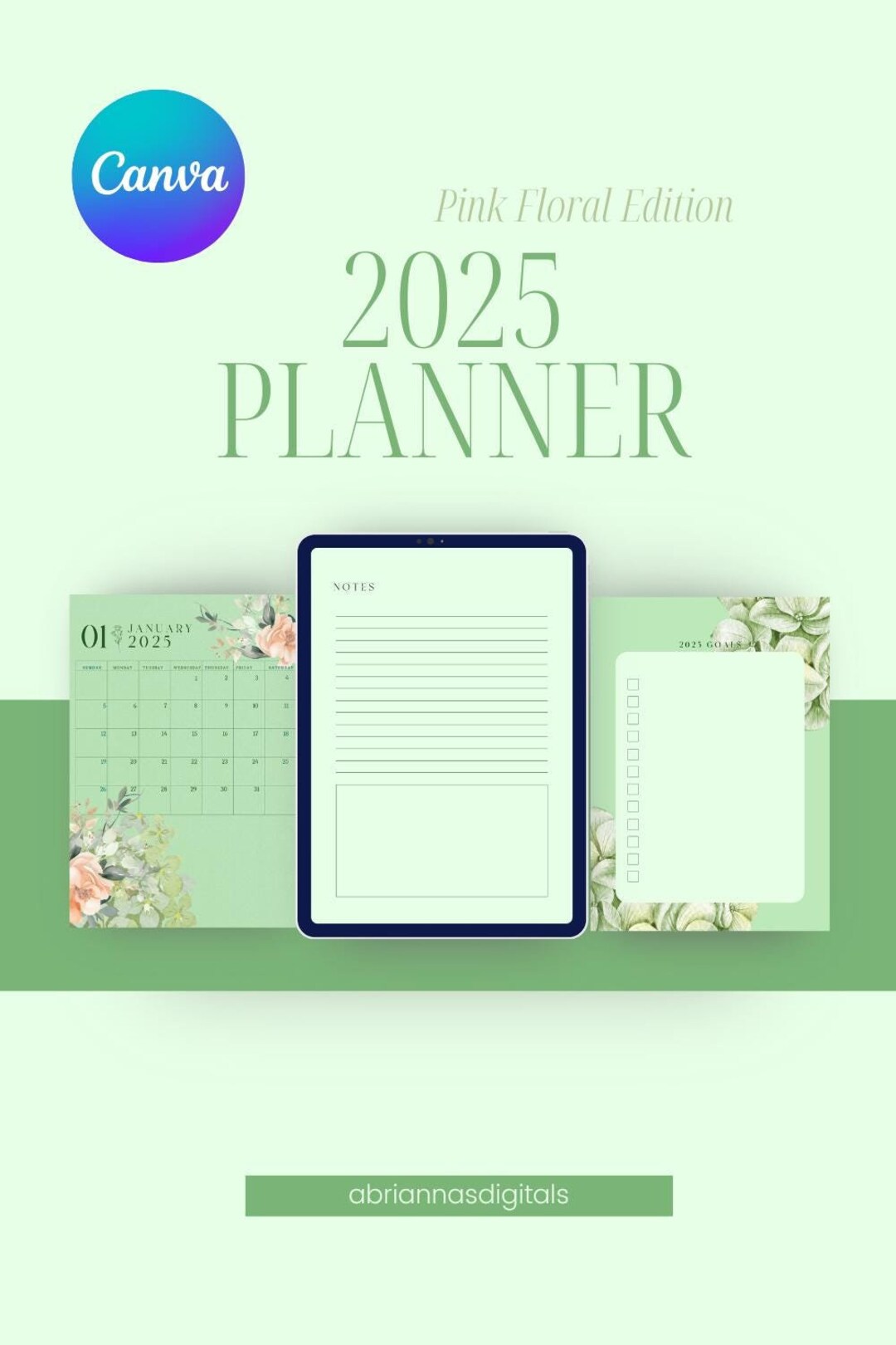 2025 Planner Green Floral Planner 2025, Goals Planner, Green Planner ...