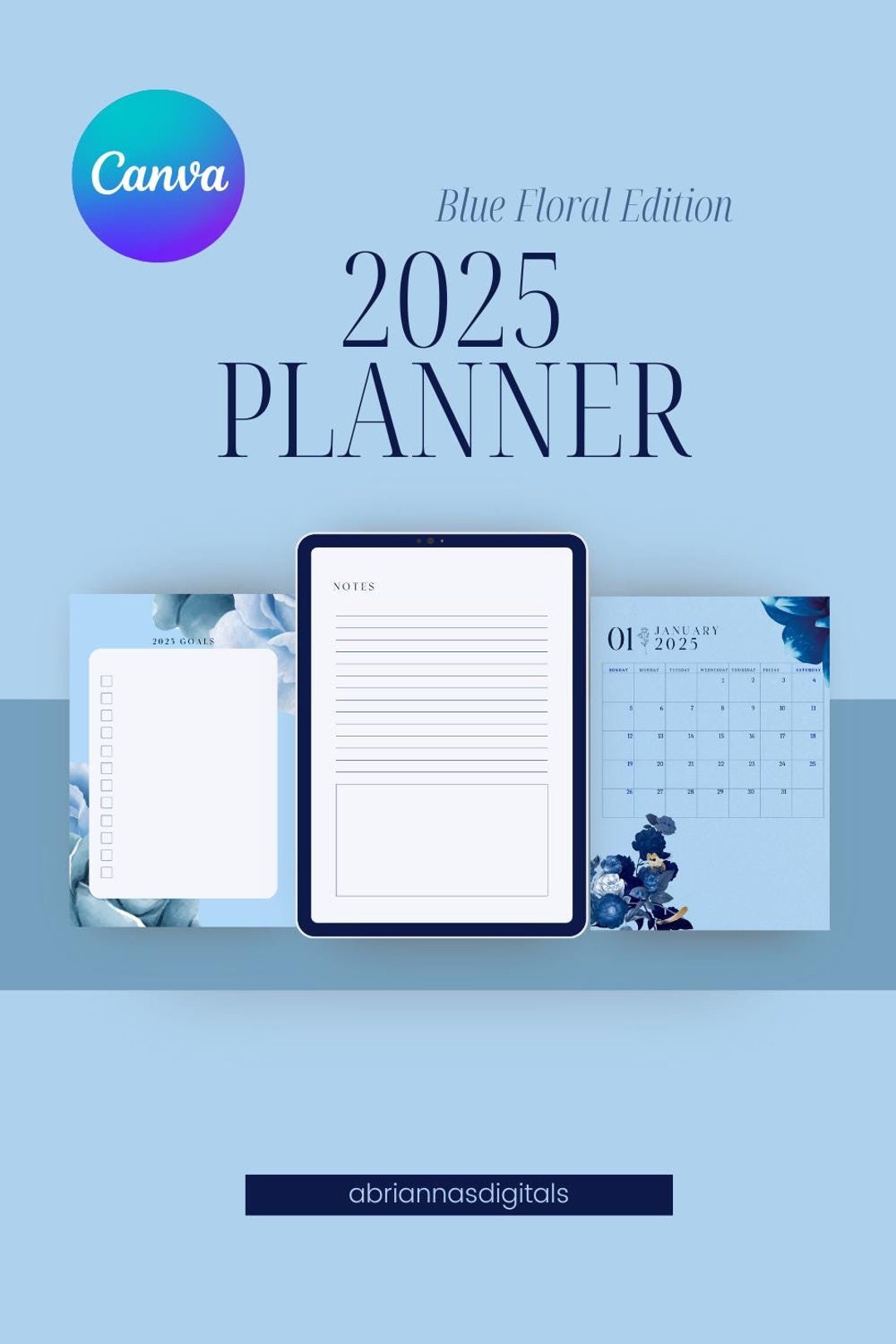 2025 Planner Blue Floral Planner 2025, Goals Planner, Blue Planner ...