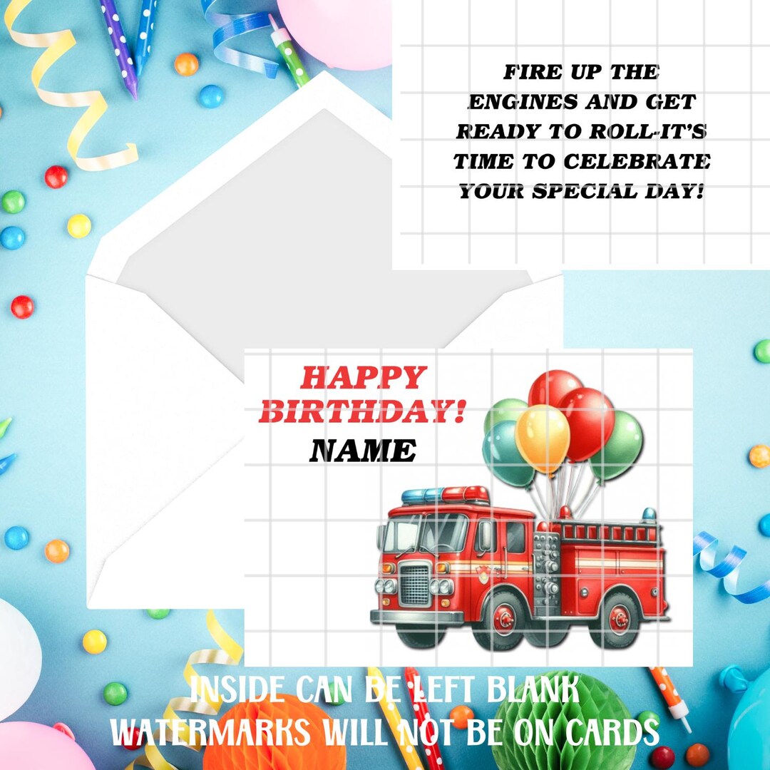 5x7 Inch. Personalized /custom Fire Truck Happy Birthday Greeting Card ...