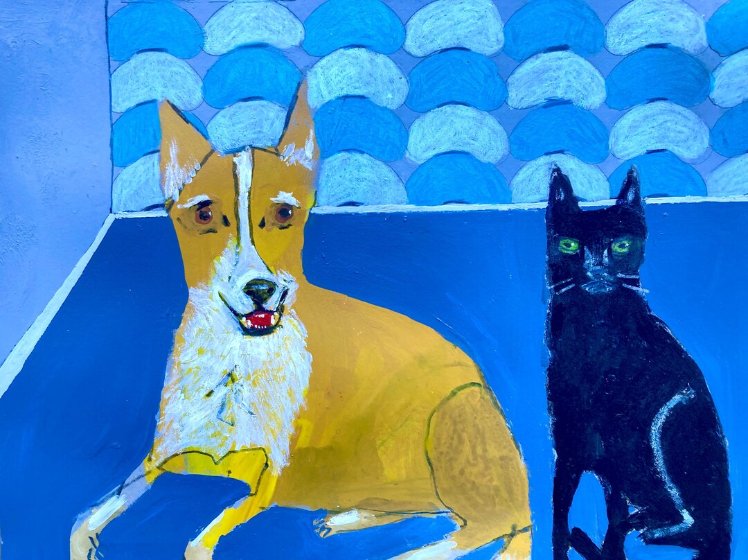 Buds See Full Pic Jill Emery Folk Art Cat Dog Friends Original Painting ...