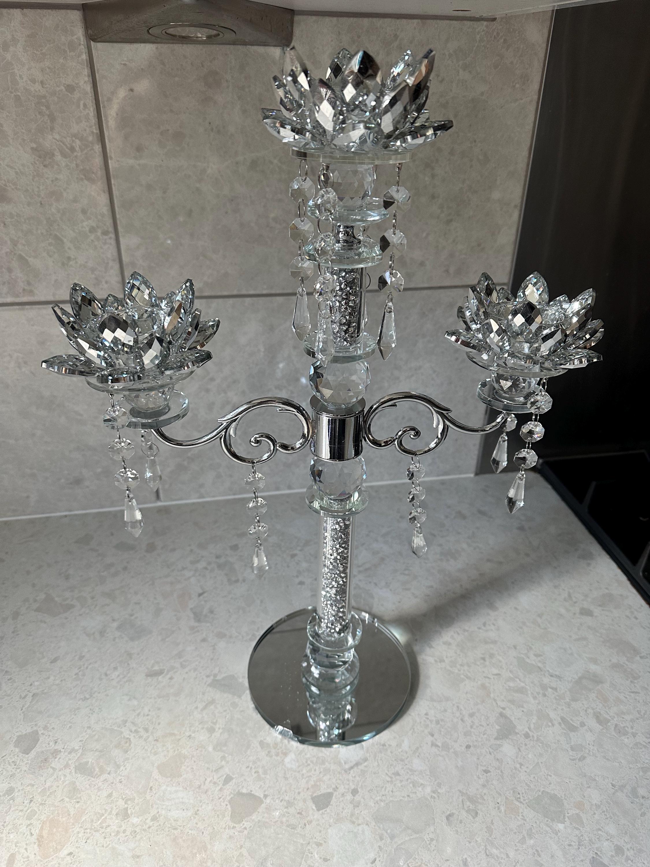 Set of 3 Tier Silver Crushed Diamond Crystal Filled Candle Holder Home ...