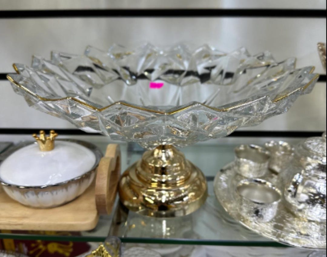 Gold Crystal Round Glass Fruit Bowl Snack Serving Tray Finger Food ...
