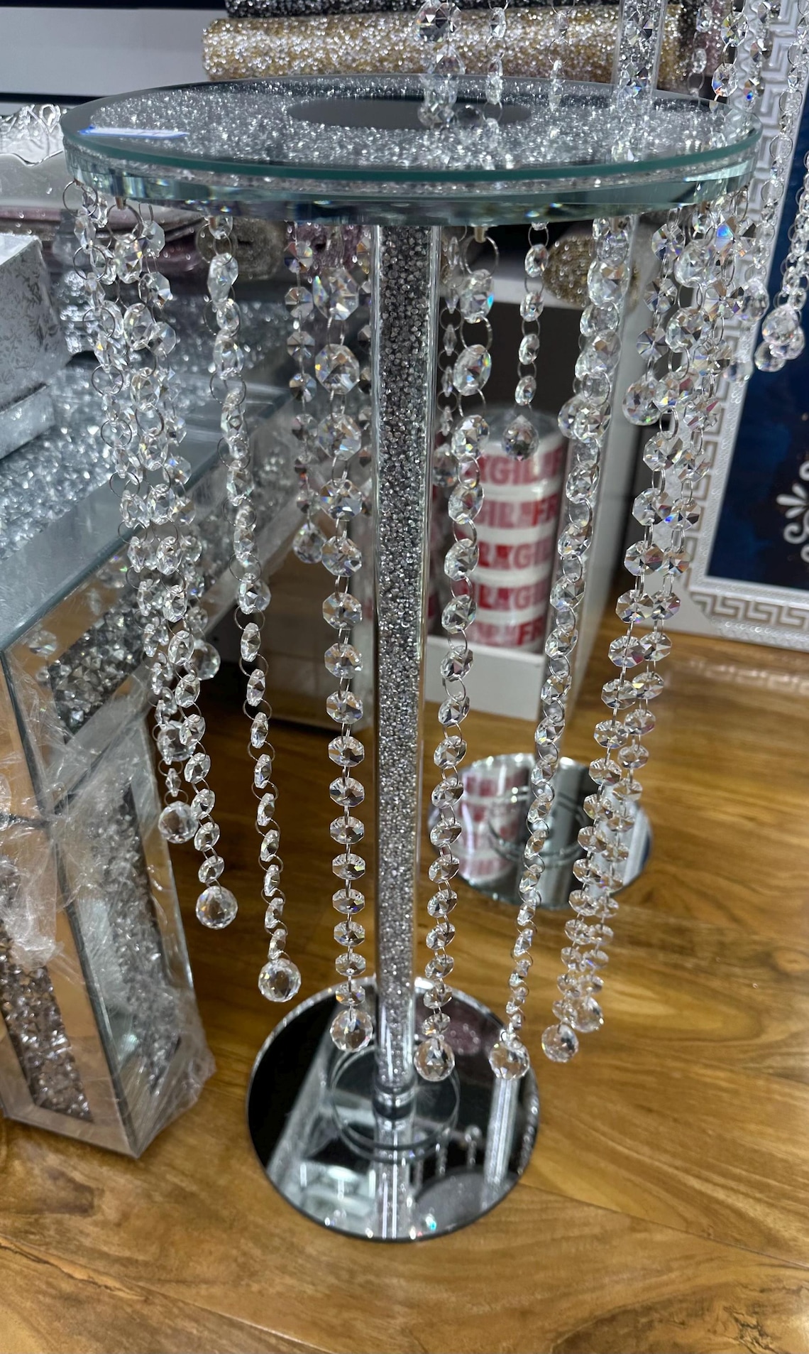 Silver Crushed Diamond Diamante Side End Table Lamp Mirror Crystal ...