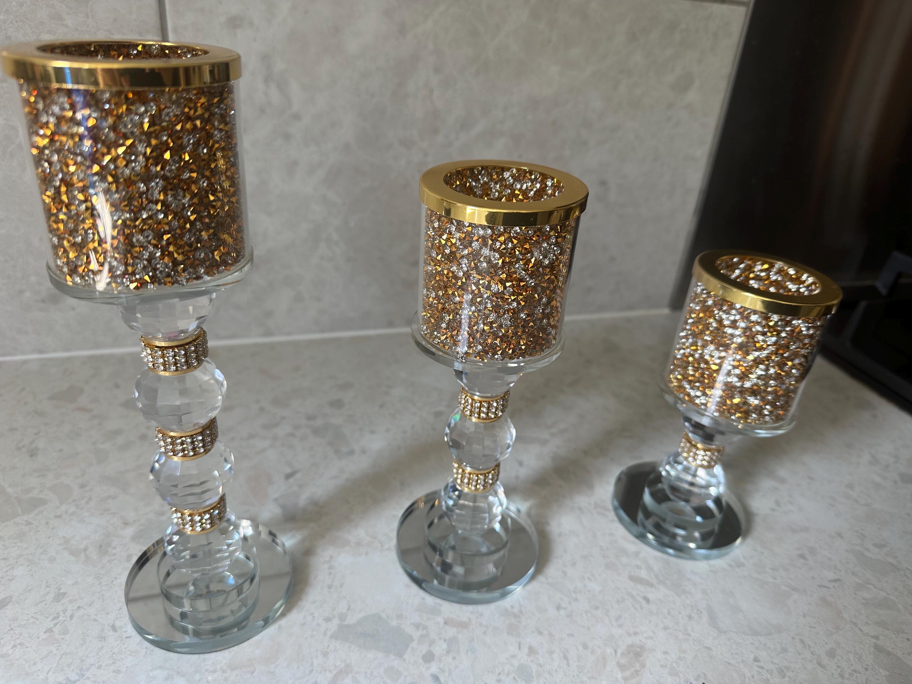 Set of 3 Tier Gold Crushed Diamond Crystal Filled Candle Holder Home ...