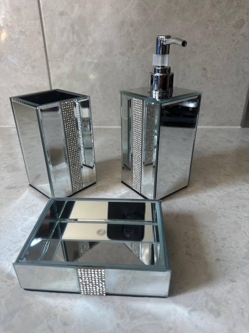 Mirror Glass 3 Piece Bathroom Set Soap Dispenser Dish Toothbrush Paste ...