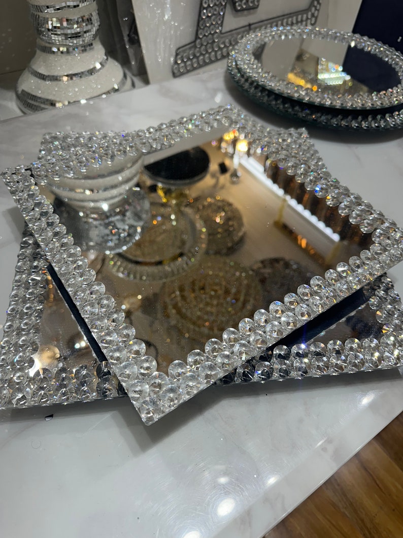 Turning Spinning Square Mirror Tray Ornament Centerpiece Silver Glass ...