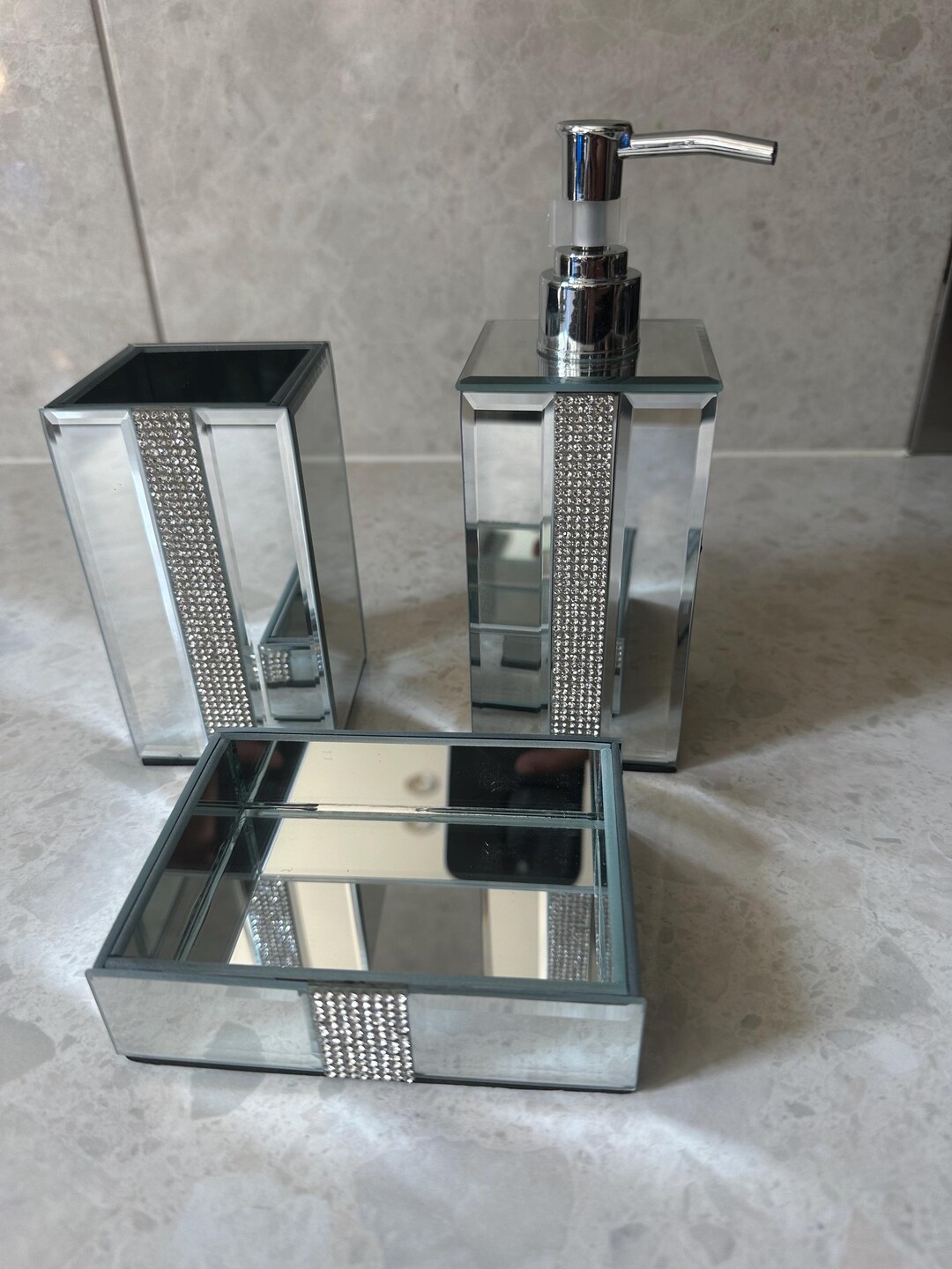 Mirror Glass 3 Piece Bathroom Set Soap Dispenser Dish Toothbrush Paste ...