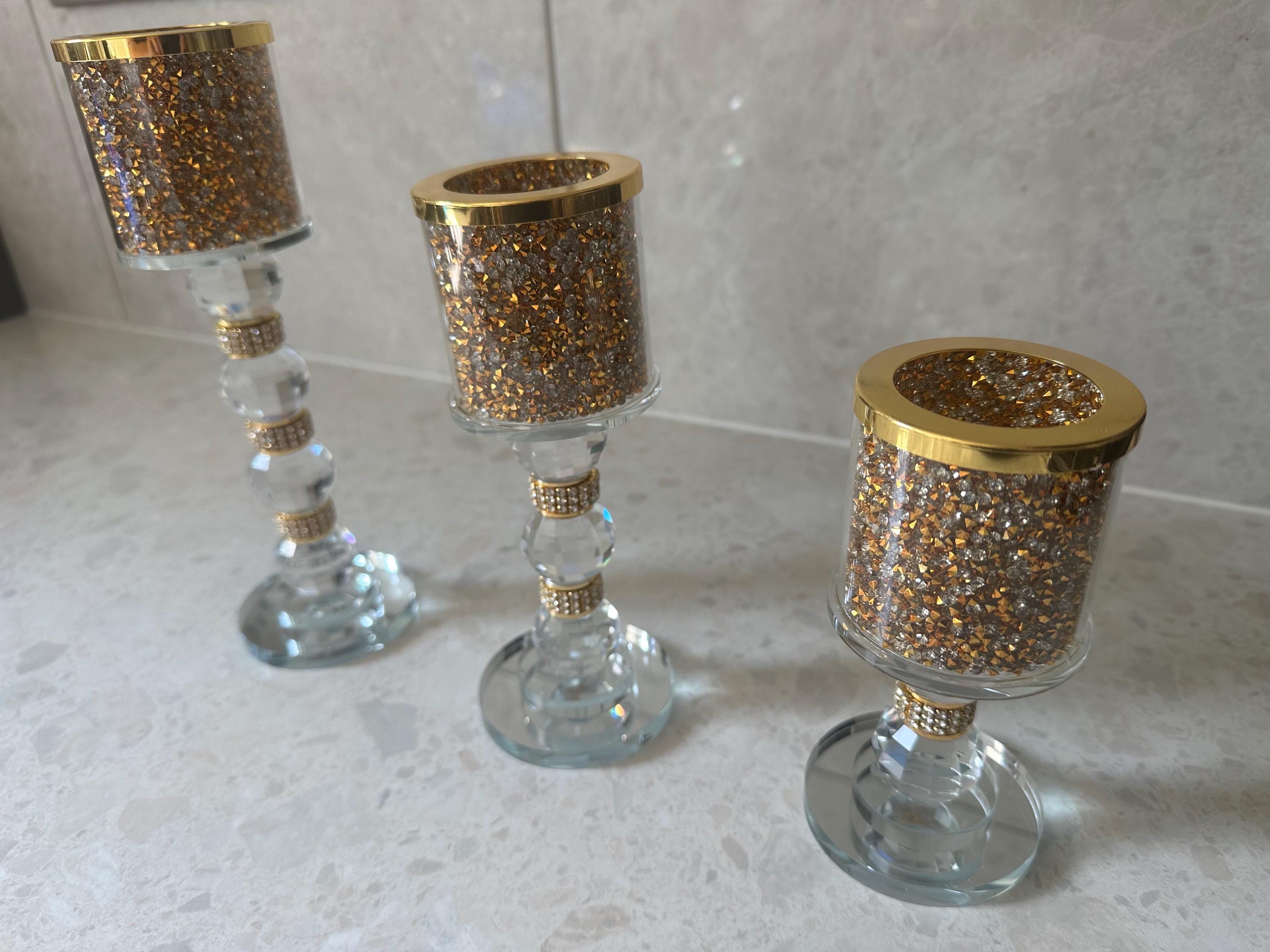 Set of 3 Tier Gold Crushed Diamond Crystal Filled Candle Holder Home ...