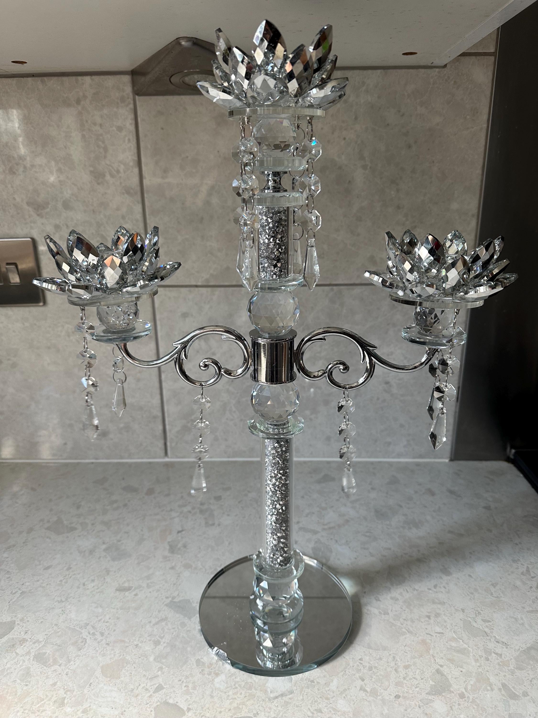 Set of 3 Tier Silver Crushed Diamond Crystal Filled Candle Holder Home ...
