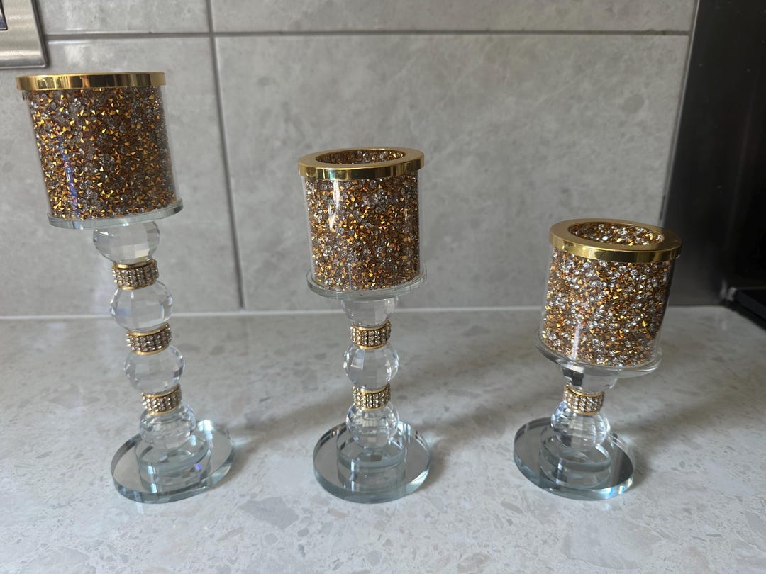 Set of 3 Tier Gold Crushed Diamond Crystal Filled Candle Holder Home ...
