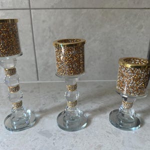 Set of 3 Tier Gold Crushed Diamond Crystal Filled Candle Holder Home ...