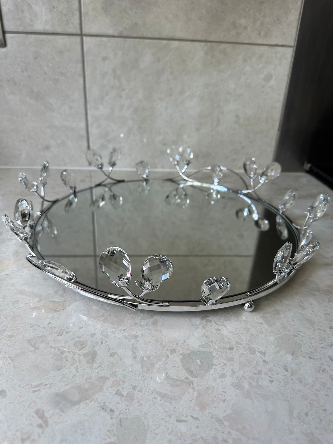 X Large Round Mirror Tray Ornament Centerpiece Silver Glass Serving ...