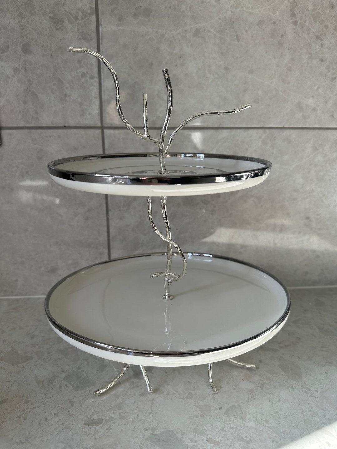 Silver White Ceramic Porcelain Stand Food Platter Display Snack Tray ...