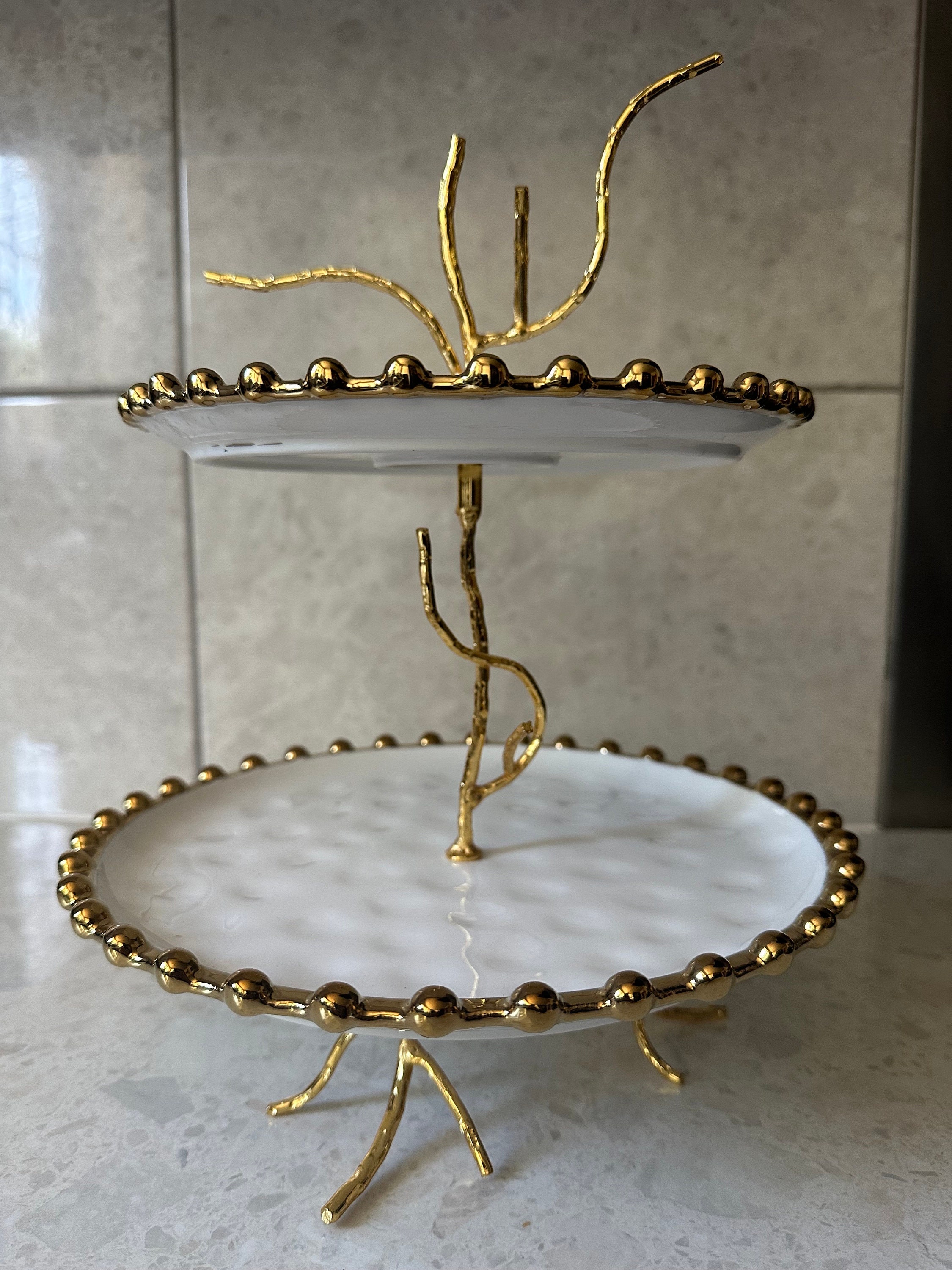 Gold White Ceramic Cake Stand Food Platter Display Snack Tray ...