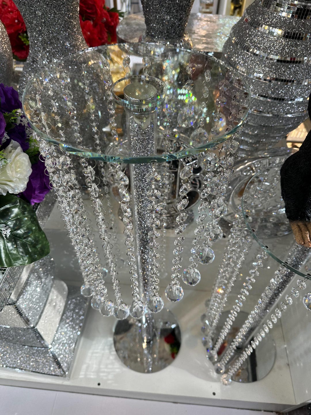 Silver Crushed Diamond Diamante Side End Table Lamp Mirror Crystal ...