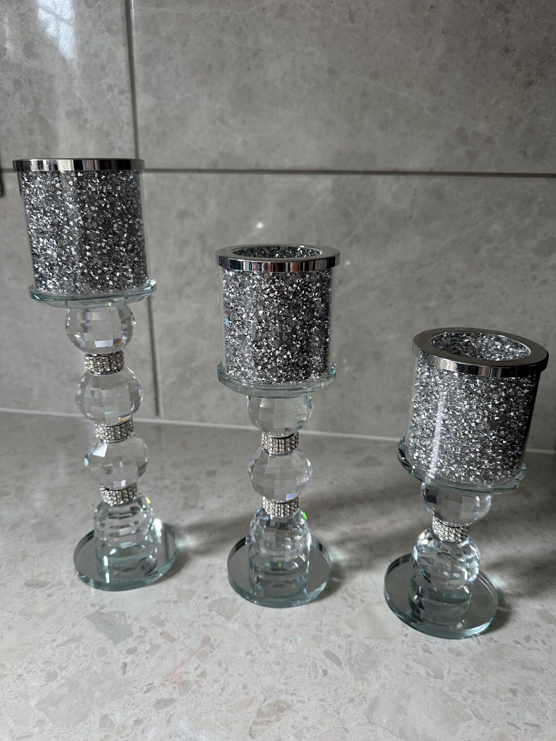 Set of 3 Tier Silver Crushed Diamond Crystal Filled Candle Holder Home ...
