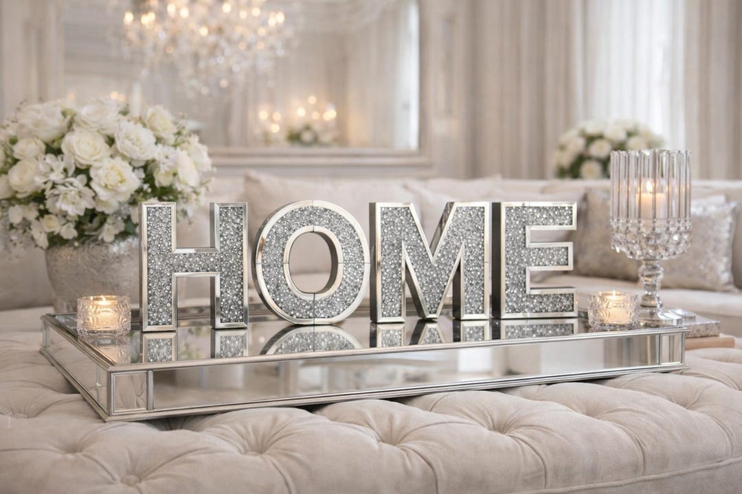 Crystal Rhinestone ‘HOME’ Letter Sign – Small Mirrored Silver Wall ...