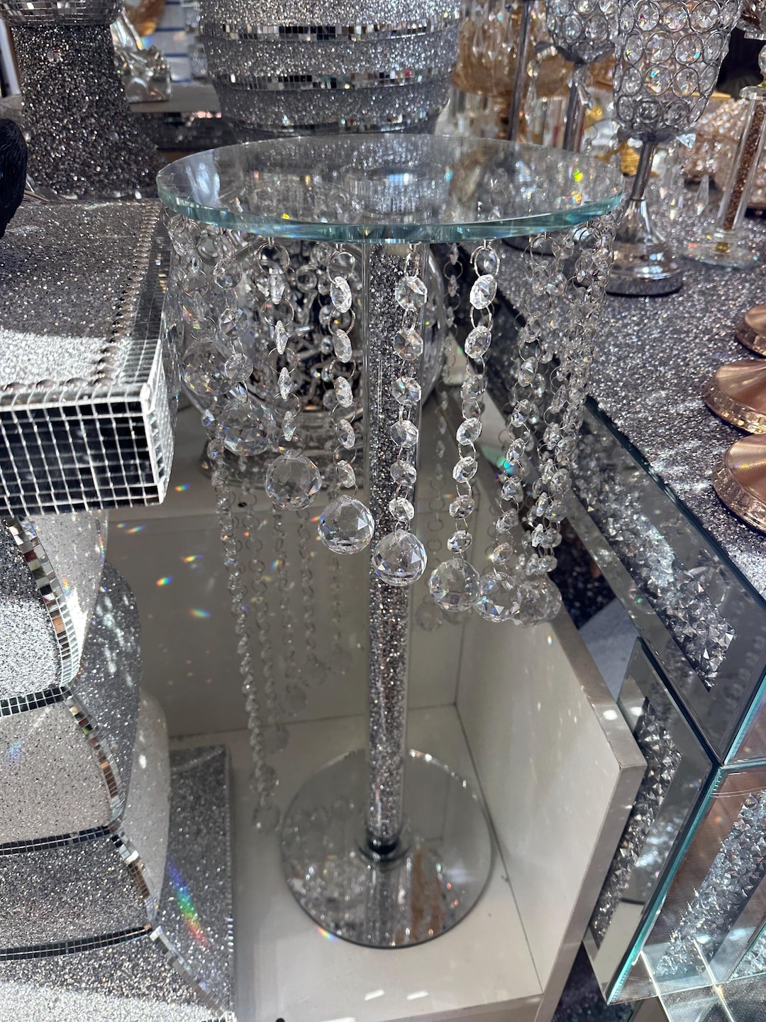 Silver Crushed Diamond Diamante Side End Table Lamp Mirror Crystal ...