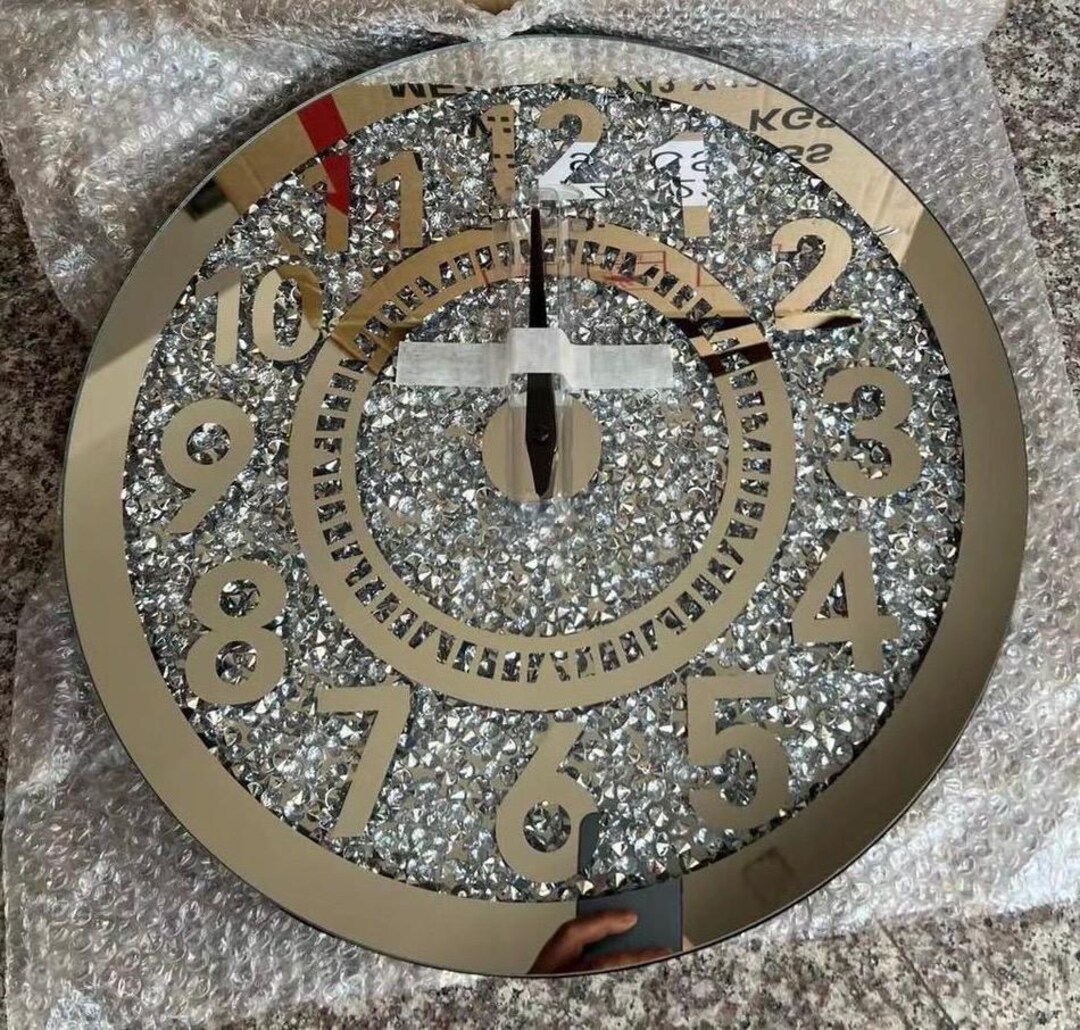 Numeric Round Wall Clock Silver Crushed Diamond Diamante Crystal Bling ...