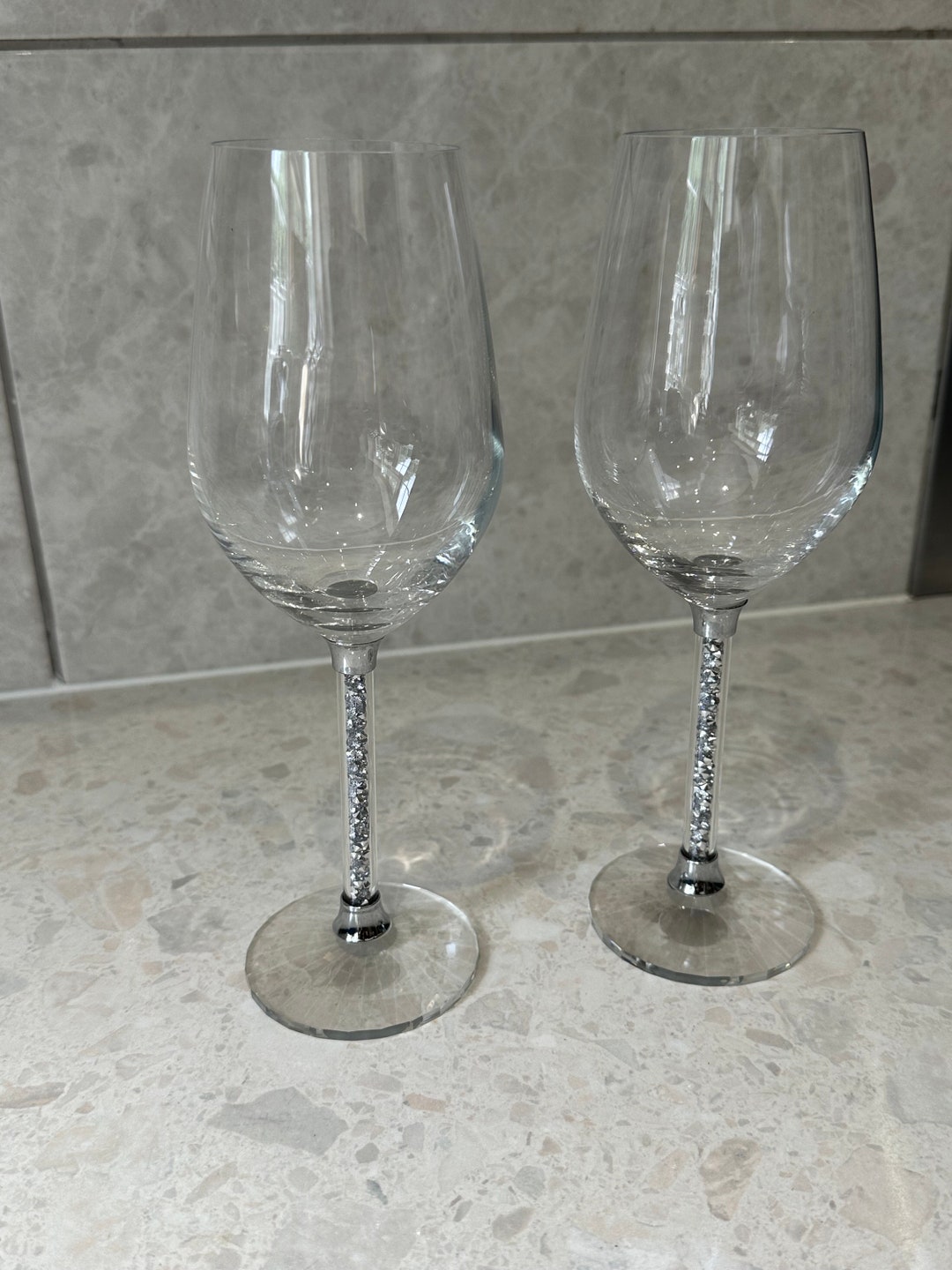 Crushed Diamond Silver Crystal Diamante Filled Stem Wine Glass Glasses ...