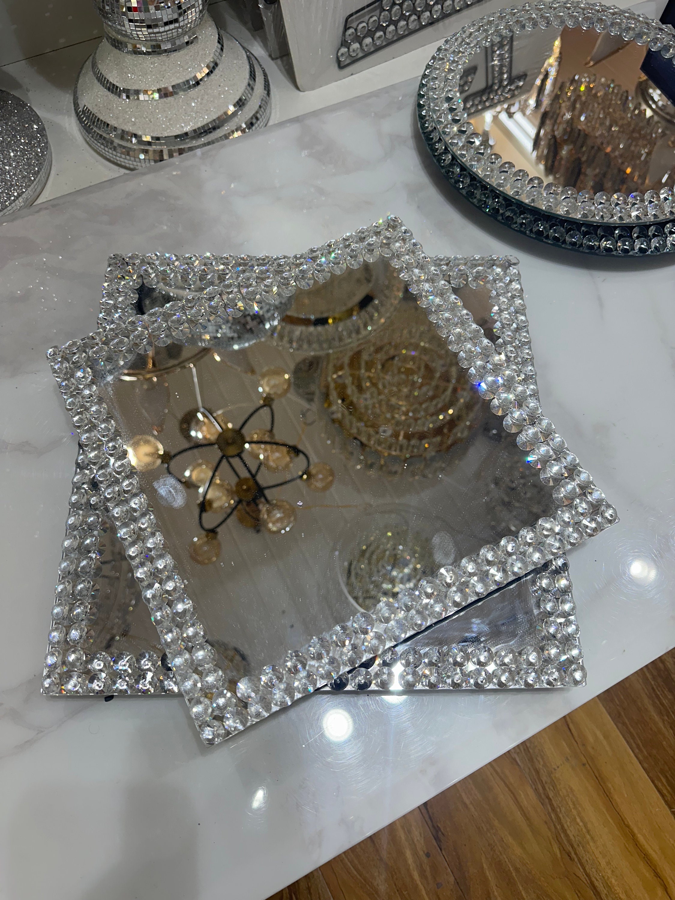 Turning Spinning Square Mirror Tray Ornament Centerpiece Silver Glass ...