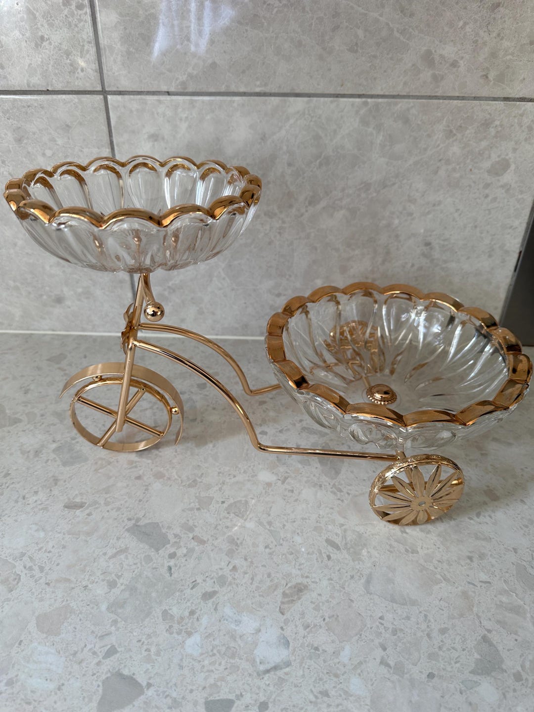 Gold Metal Crystal Round Bike Bicycle Fruit Bowl Snack Serving Tray ...