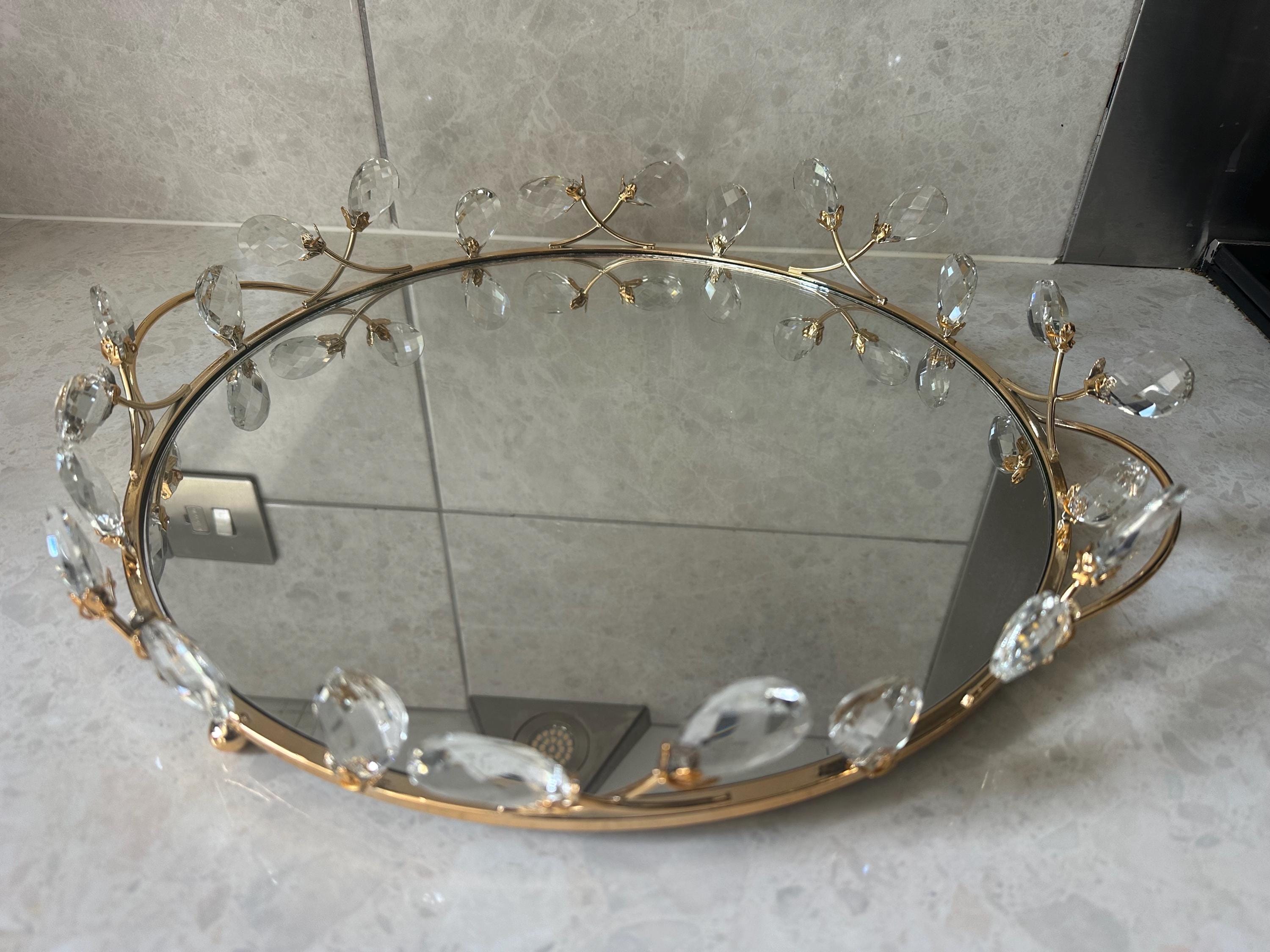 X Large Round Mirror Tray Ornament Centerpiece Gold Glass Serving ...