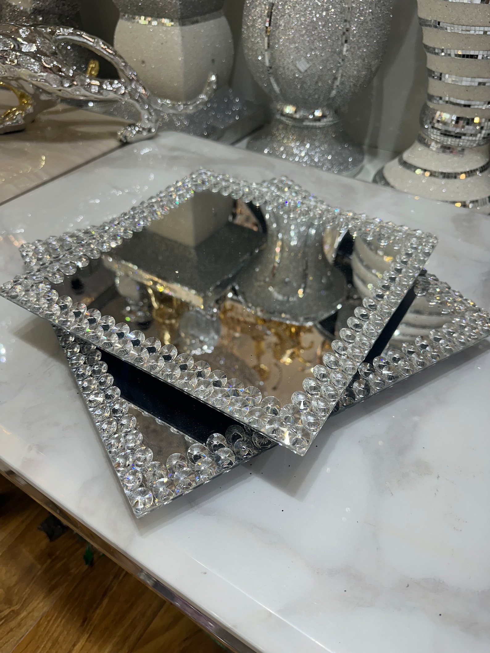 Turning Spinning Square Mirror Tray Ornament Centerpiece Silver Glass ...
