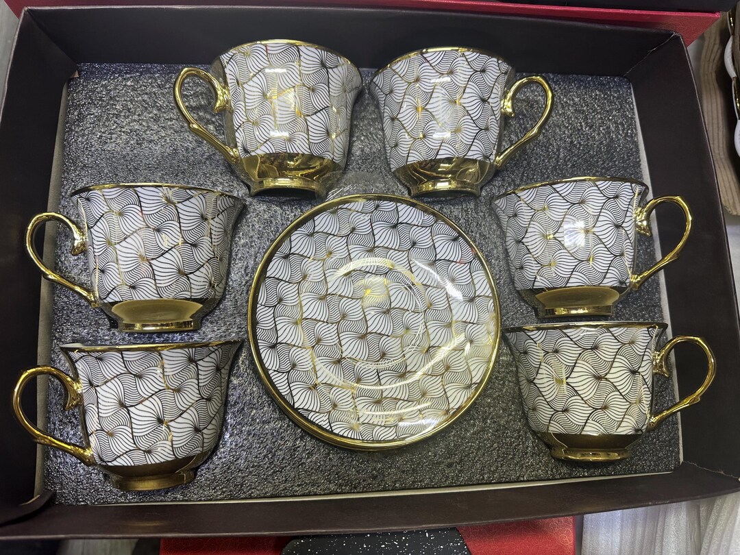 Gold Grey Gray White Ceramic Porcelain Tea Set 6 Serving Cups and ...