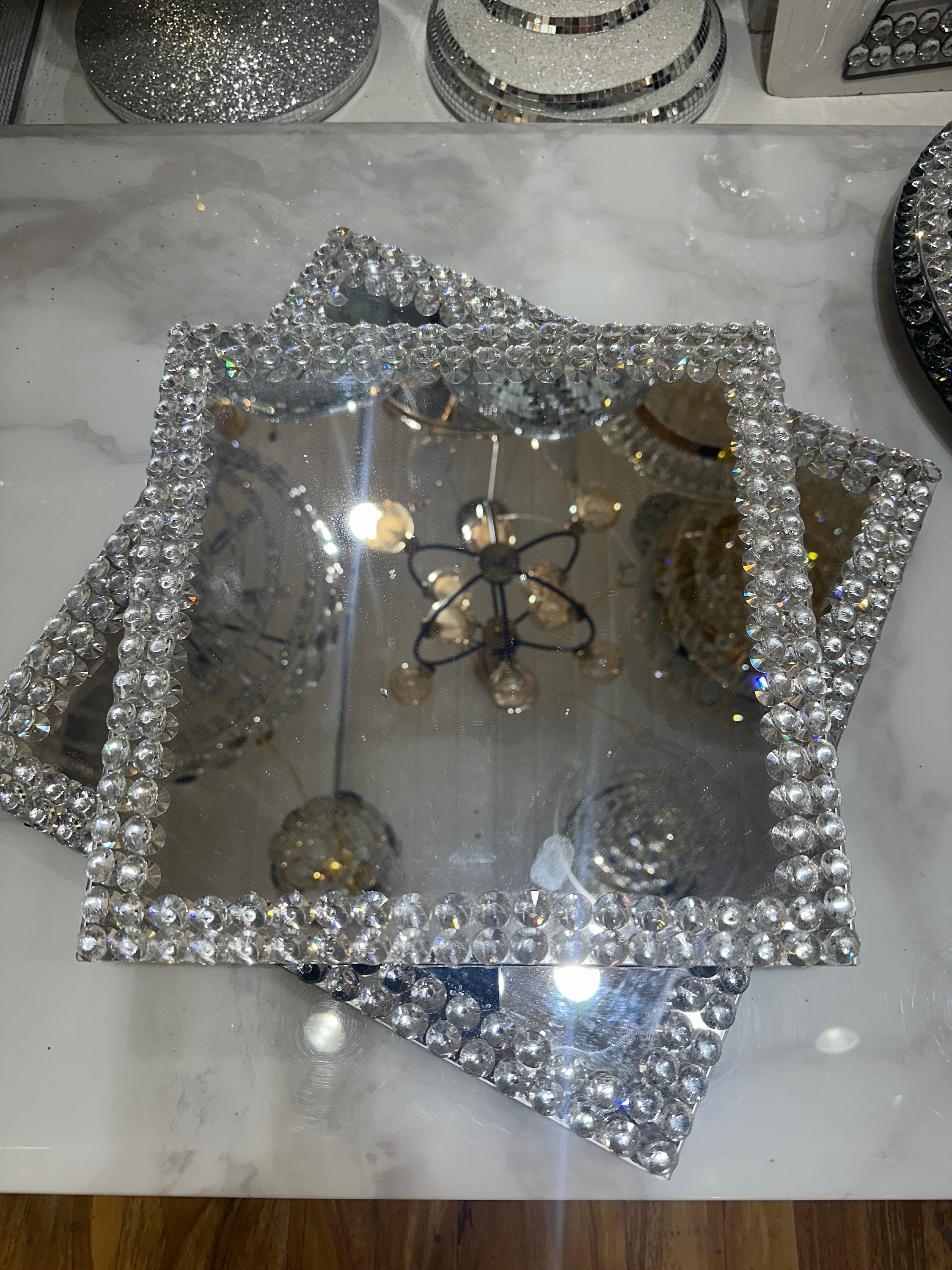 Turning Spinning Square Mirror Tray Ornament Centerpiece Silver Glass ...