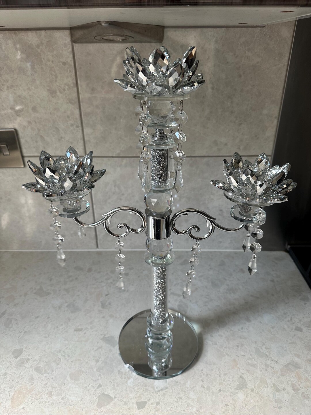 Set of 3 Tier Silver Crushed Diamond Crystal Filled Candle Holder Home ...
