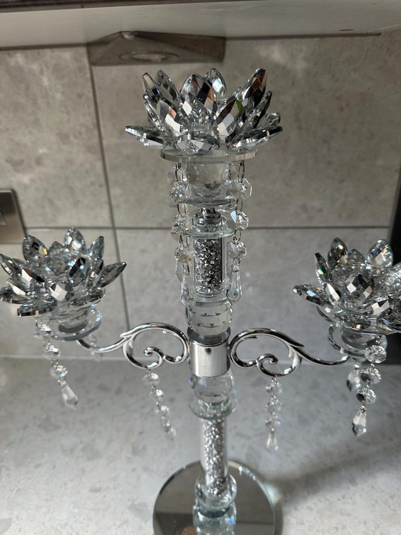 Set of 3 Tier Silver Crushed Diamond Crystal Filled Candle Holder Home ...