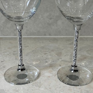Crushed Diamond Silver Crystal Diamante Filled Stem Wine Glass Glasses ...