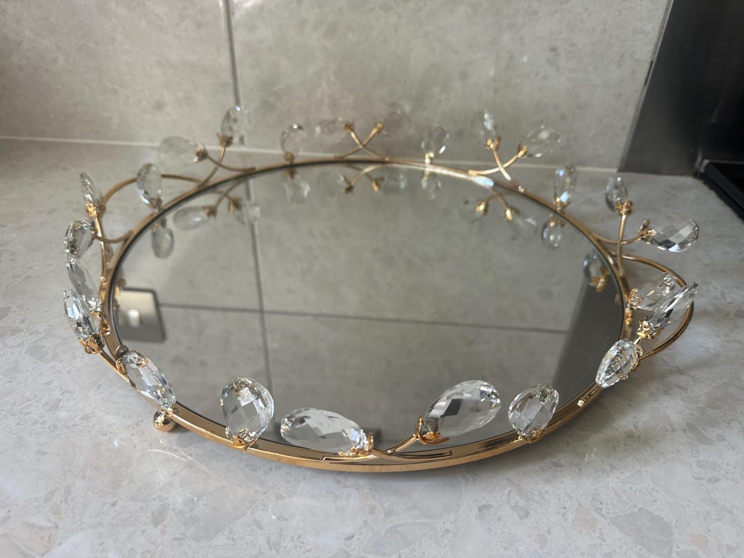 X Large Round Mirror Tray Ornament Centerpiece Gold Glass Serving ...