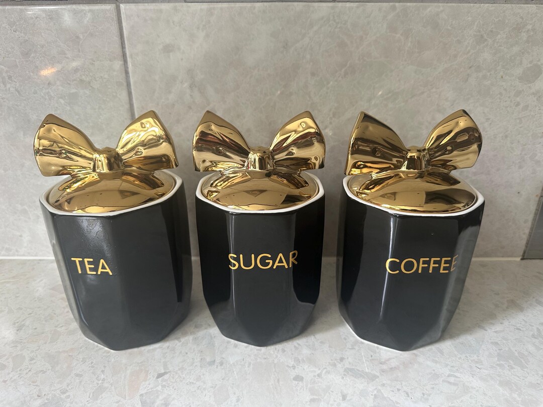 Black and Gold Bow Ceramic Jar Set: Kitchen Storage With Airtight Lids ...