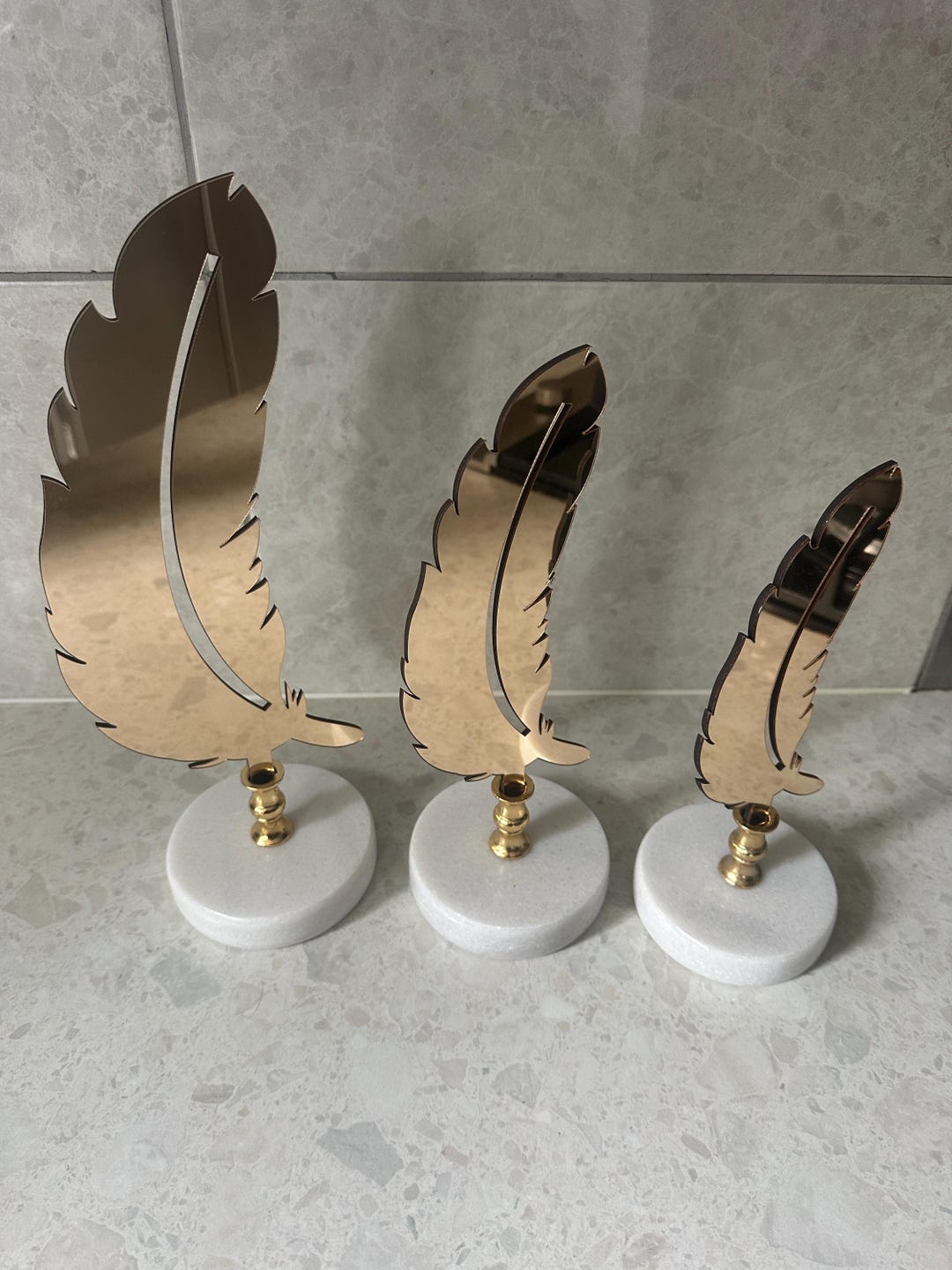 3 Set Tier Gold Foil Feather Marble Stone Nature Base Home Decor ...